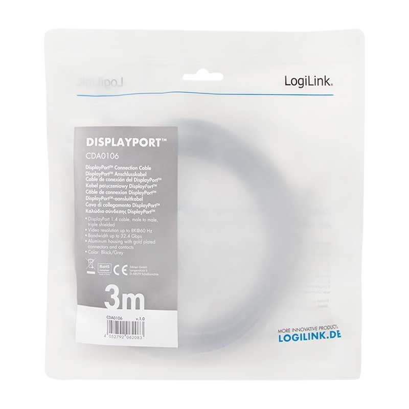 Logilink CDA0106 - 3m Cable DisplayPort 1.4 (8K/ 60Hz) , Negro/Gris